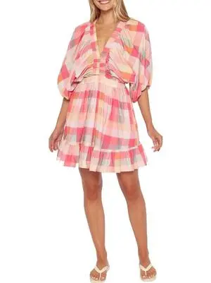 PETAL & PUP Plaid V-neck Mini Dress With Balloon Sleeves And Ruffled Hem - Pink Picnic Plaid