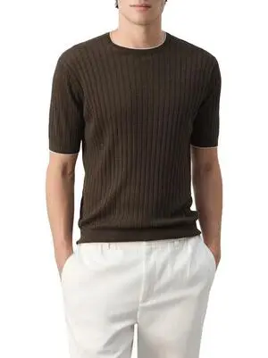 Mango Linen Blend Rib T-shirt - Brown