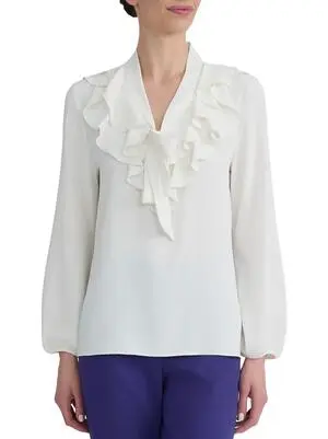 KASPER Ruffle Tie Neck Top - Vanilla Ice