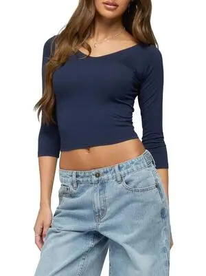 EDIKTED Cecilie V Neck Quarter Sleeve Crop T-shirt - Navy