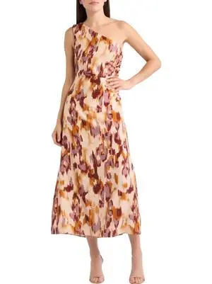 Sam Edelman Painted Dusk Ruched One-shoulder Maxi Dress - Cork