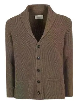 BALLANTYNE Wool Ribbed Knit Shawl Collar Cardigan - Brown