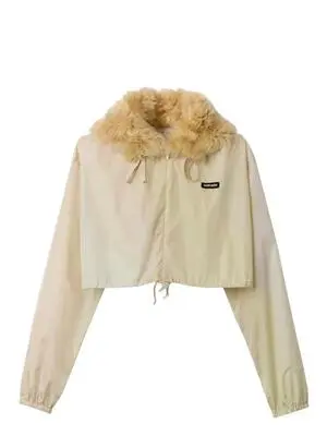 Miu Miu Miu Miu Technical Fabric And Shearling Hooded Cropped Windbreaker Neutrals