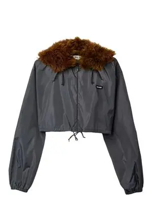 Miu Miu Technical Fabric And Shearling Hooded Cropped Windbreaker - Grey