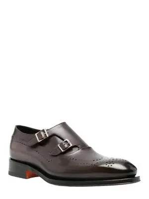 Santoni Brogue Detail Double Strap Monk Shoes - Brown