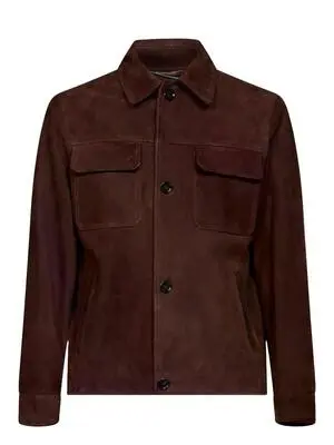 LARDINI Spread Collar Suede Jacket - Brown