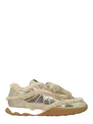Pinko Shearling-trim Cracked-effect Sneakers - Gold