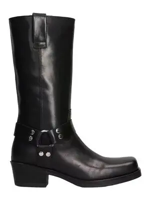 JULIE DEE Leather Harness Square-toe Biker Boots - Black