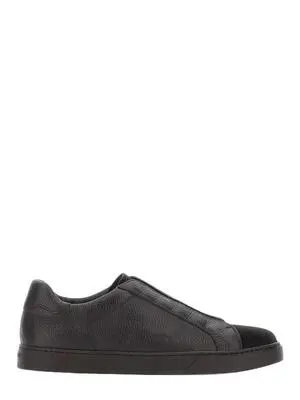 DOUCAL'S Grainy Leather Panel Sneakers - Brown