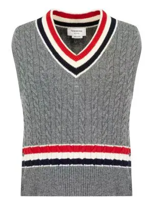 Thom Browne Cable-knit Wool Vest With Rwb Stripe Trim - Grey