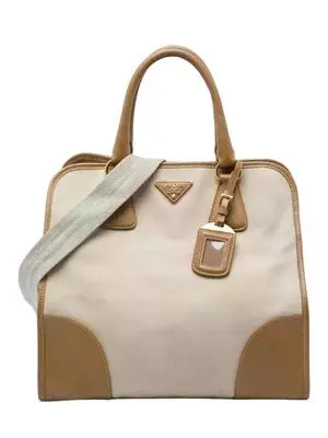 Prada 2010-2026 Saffiano Trimmed Canvas Canapa Satchel Brown