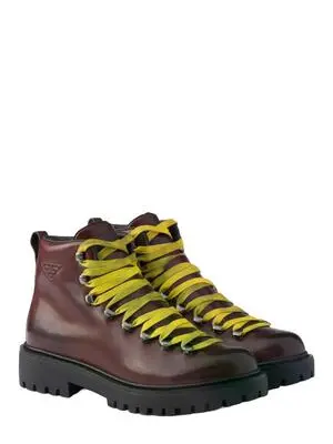 Prada Antiqued Leather Lace-up Ankle Boots - Brown