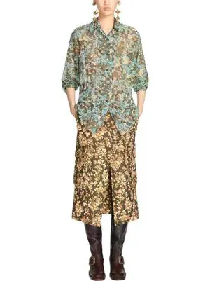 Dries Van Noten DRIES VAN NOTEN Pleated Floral Print Chiffon Shirt Blue