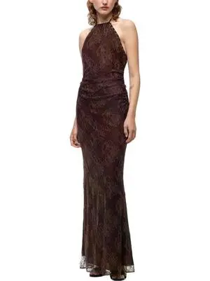 Pinko Lace Overlay Halterneck Maxi Dress - Brown