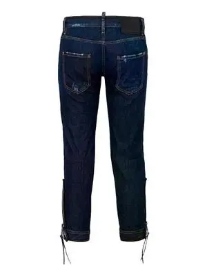 Dsquared2 Dark Wash Skinny Jeans With Leather Trim And Zip Detail - Blue