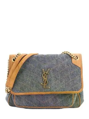 Saint Laurent Niki Chain Flap Bag Matelasse Chevron Denim With Suede Medium Shoulder Bag - Blue