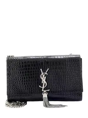 Saint Laurent Classic Monogram Tassel Crocodile Embossed Leather Medium Crossbody Bag Black