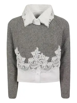 Ermanno Scervino Lace-trimmed Collared Sweater - Grey