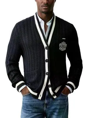 Guess Cable-knit Logo-patch Cardigan - Black