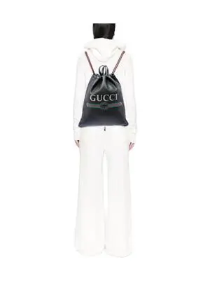 Gucci Grained Calfskin Web Logo Drawstring Backpack - Black
