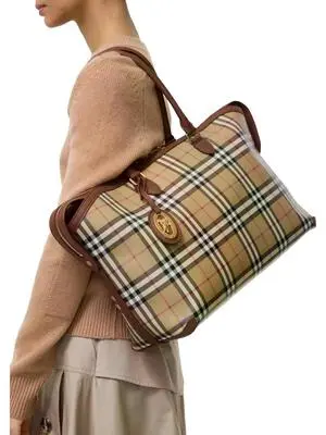 Burberry Medium Check Zip Tote Neutrals