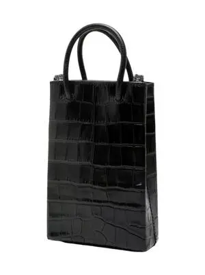 Balenciaga 2020 Mini Croc Embossed Leather Shopping Phone Holder Satchel - Black