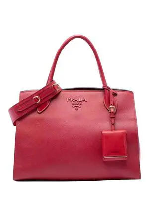 Prada 2010-2026 Medium Saffiano Cuir Monochrome Top Handle Tote Satchel - Red