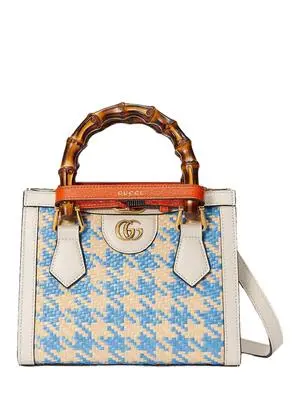Gucci Diana Mini Houndstooth Raffia Effect Tote Bag - Blue