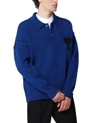 AMI Paris Electric De Coeur Polo Sweater In Wool - Blue