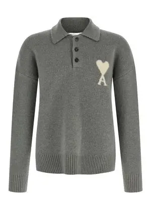 AMI Paris Alpaca Blend Intarsia Polo Sweater - Grigio