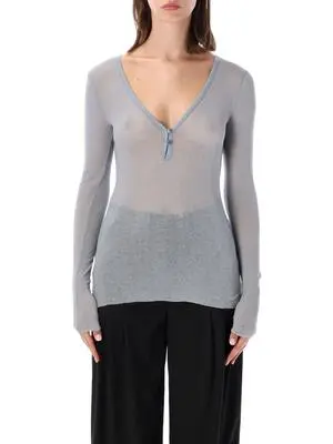 JAMES PERSE James Perse Ultra-Fine Ribbed Cotton-Cashmere Henley Top With Deep V-Neck Blu
