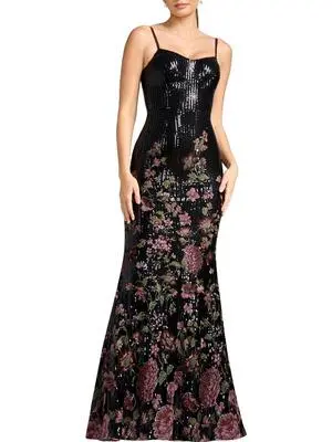 Dress The Population Giovanna Floral Embroidery Sequin Mermaid Gown - Black Multi