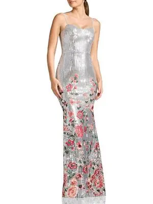 Dress The Population Giovanna Floral Embroidery Sequin Mermaid Gown - Silver Multi