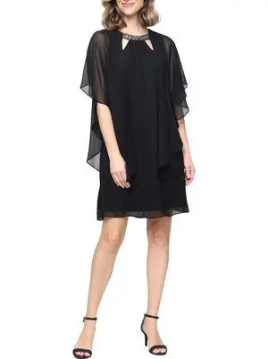 SL FASHIONS Embellished Crewneck Cape Dress Black