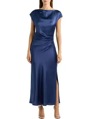 Sam Edelman Drape Bateau Neck Side Ruched Satin Cocktail Dress - Navy
