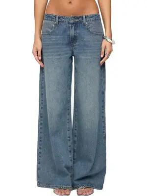 EDIKTED Rhinestone Low Rise Wide Leg Jeans - Light-blue-washed