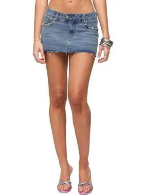 EDIKTED Avielle Studded Raw Hem Denim Miniskirt - Medium-blue-washed