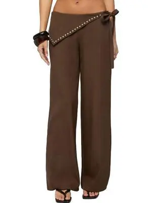 EDIKTED Studded Foldover Low Rise Wide Leg Pants - Brown