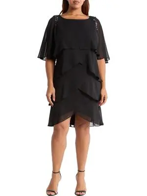SL FASHIONS Beaded Cape Overlay Cocktail Dress - Black