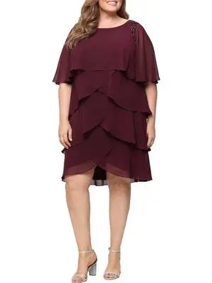 SL FASHIONS Cape Overlay Beaded Cocktail Dress - Fig