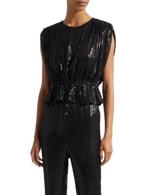 TOCCIN Sequin Embellished Padded Shoulder Top - Jet