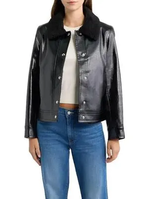 Sam Edelman Slim Fit Faux Leather Jacket With Faux Fur Trim - Black