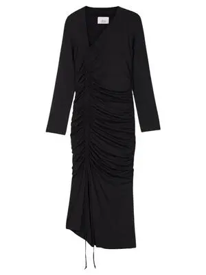 DĀL THE LABEL Modal Ruched Asymmetric Midi Dress - Black