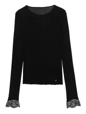 Saint Laurent Cassandre Lace-cuff Top In Ribbed Silk Jersey - Noir