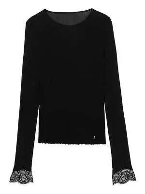 Saint Laurent Cassandre Lace Cuff Ribbed Silk Top - Noir