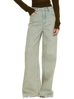 Fabrique Hadrian Studded Wide Leg Jeans In Cotton Denim - Blue