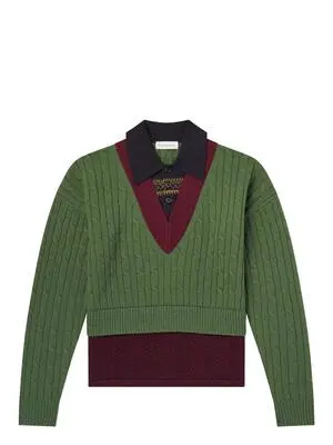 Dries Van Noten Jacquard-trimmed Cable-knit Wool And Cotton-blend Sweater - Green