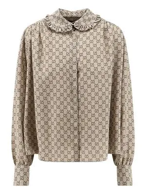Gucci GUCCI Silk GG Print Ruffled Collar Shirt Beige