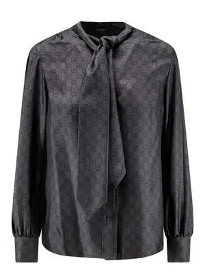 Gucci Gg Print Silk Bow Shirt - Black