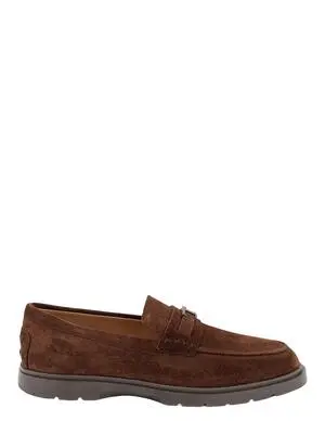 TOD'S Suede Loafers With Metal Logo Detail - Brown